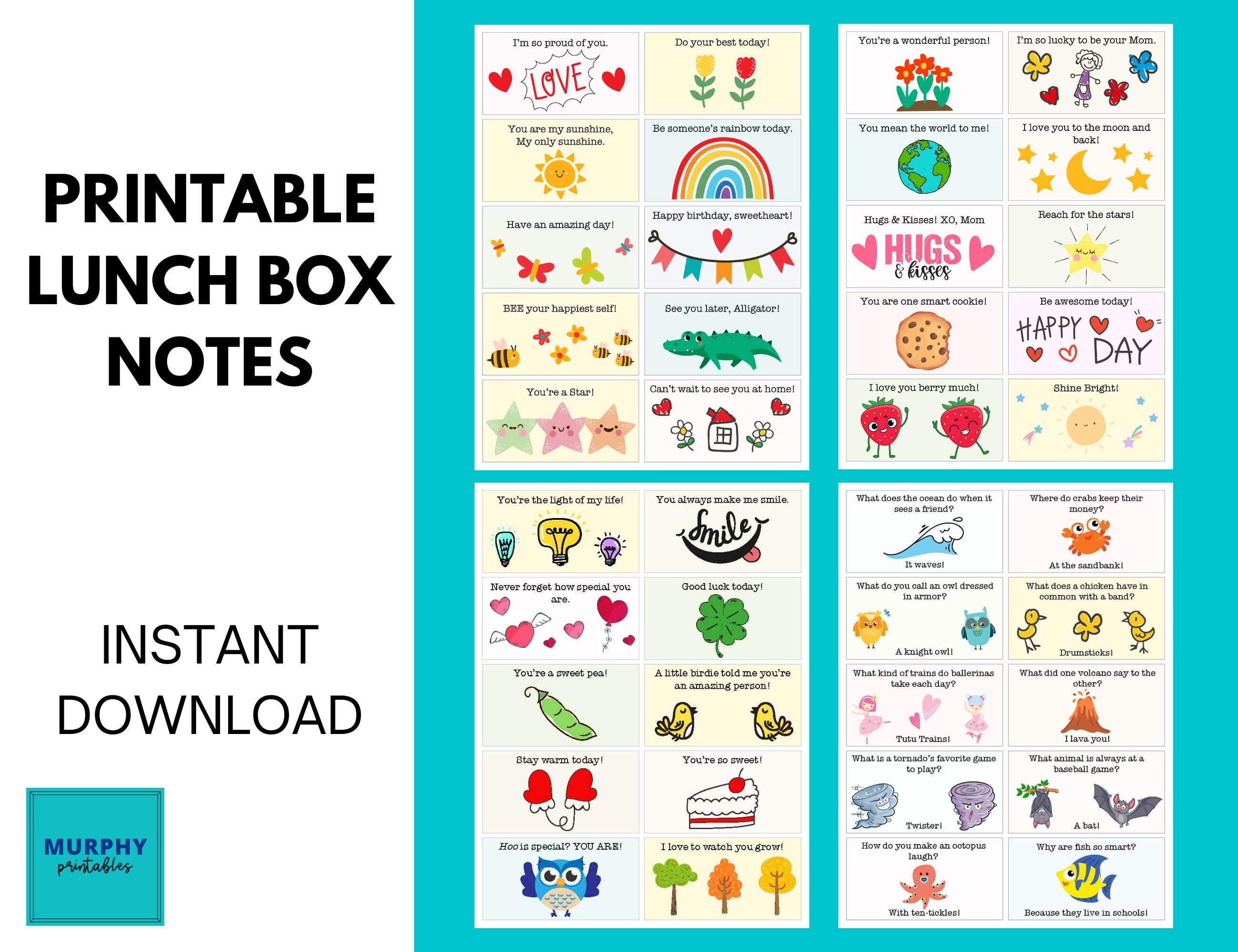 Printable Lunch Box Notes for Kids, Printable Lunchbox Cards, Easy to ...