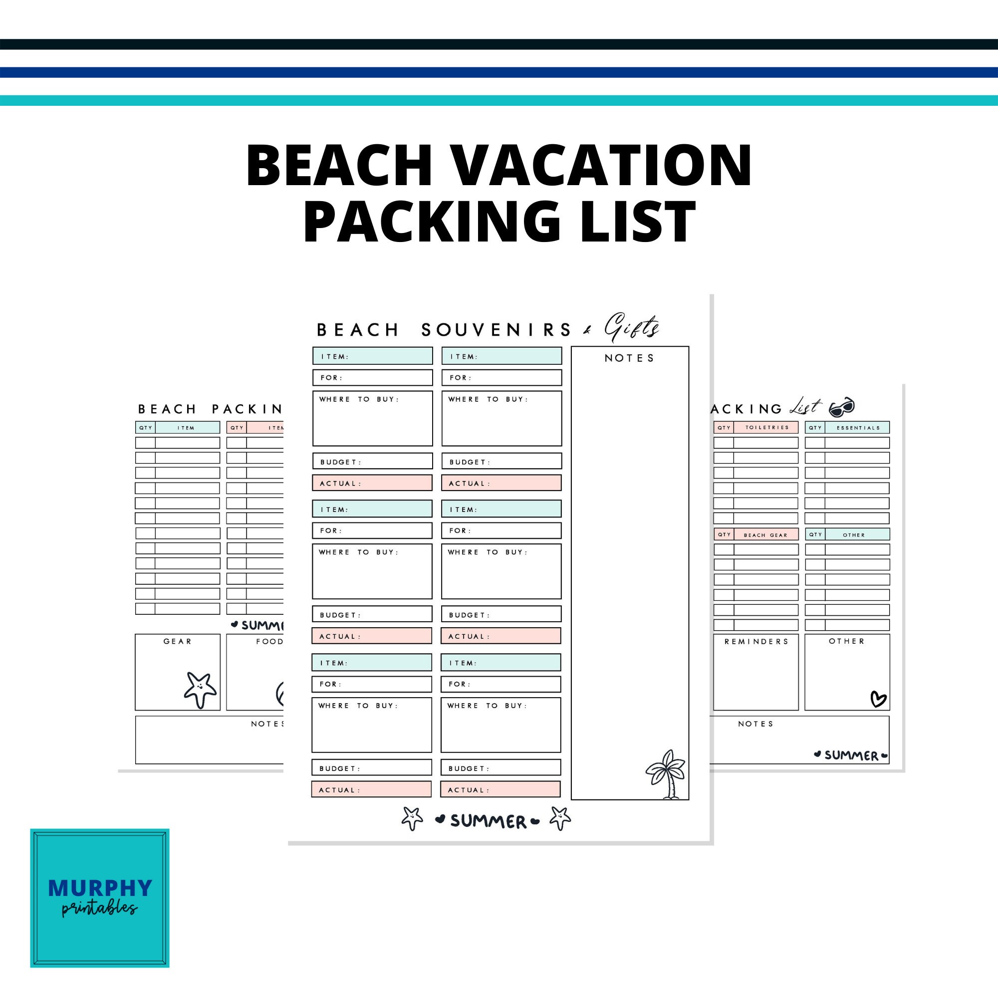 Beach Vacation Planner Packing List, Travel Printable, Summer Vacation ...