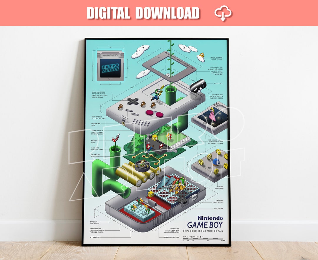Game Boy Inspired Technical Drawing Artwork - Print at Home. Nintendo ...
