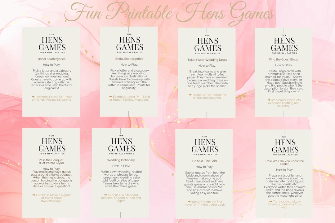 Fun Printable Hens Party Games | 8 Bridal Shower Party Games | Instant ...