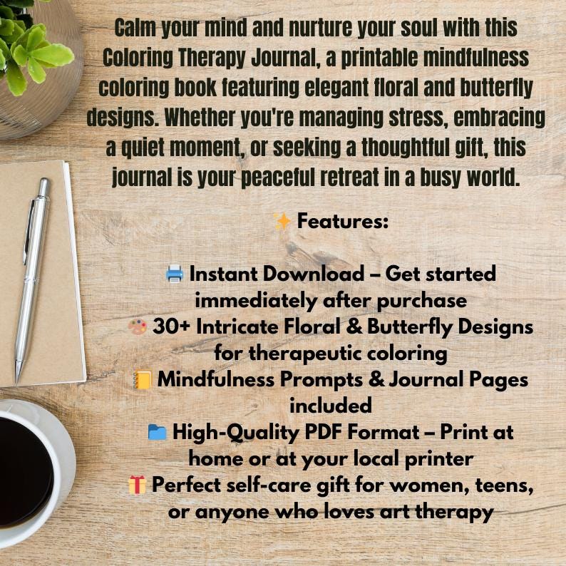 Coloring Therapy Journal – Printable Mindfulness Coloring Book, Floral ...
