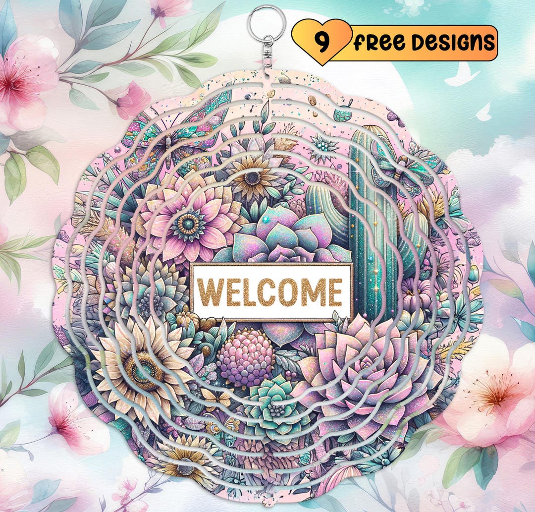 Welcome Boho Succulents Wind Spinner Sublimation Design, PNG Digital ...