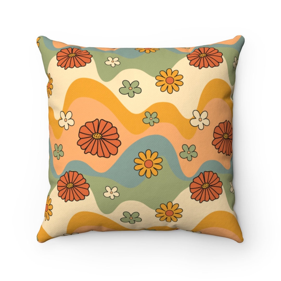 Flower Power, 70's Retro Pillow, Cottagecore Pillow Case, Orange Throw ...