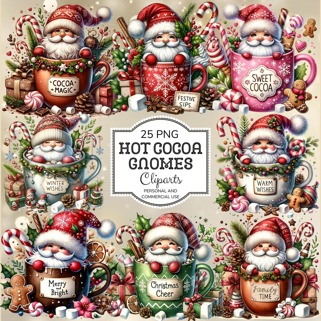 Watercolor Hot Cocoa Gnomes Clipart, Cute Christmas Gnomes Clipart ...