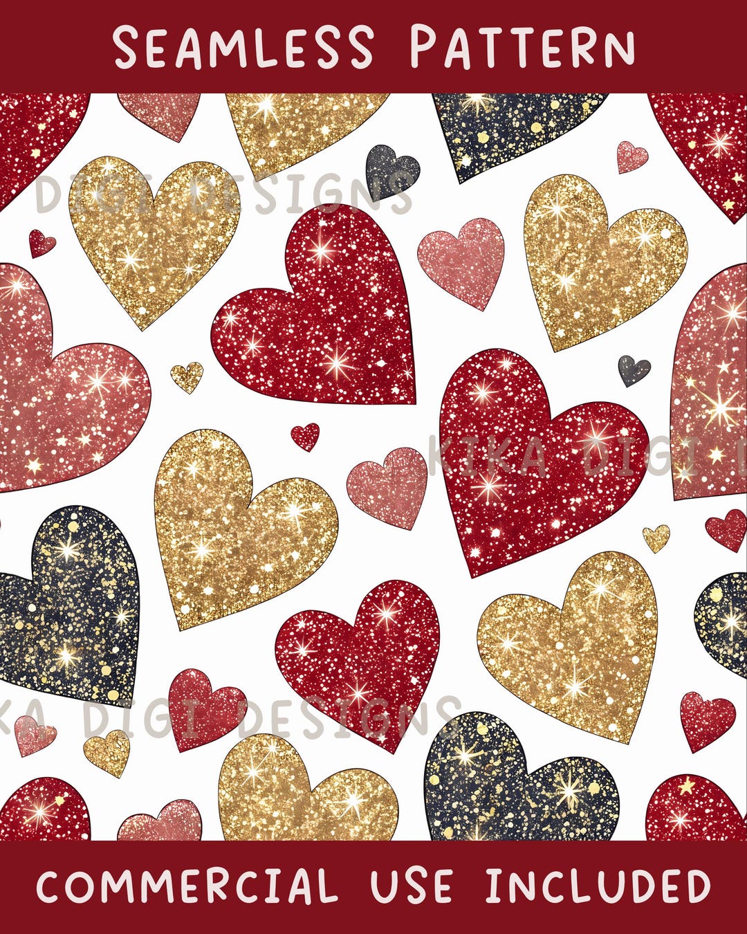 Glitter Red and Gold Hearts Seamless Pattern Repeat Fabric Pattern ...