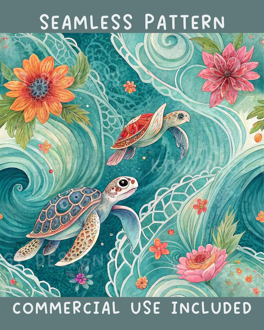 Sea Turtle Seamless Pattern Tortoise Seamless Pattern Fabric PNG Repeat ...