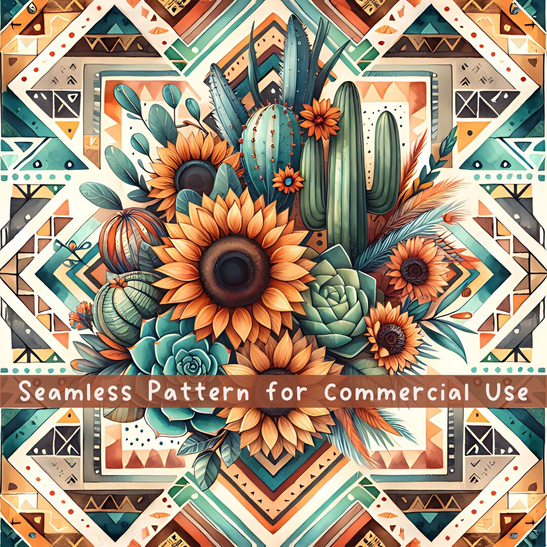 Western Seamless Pattern, Boho Sunflowers Desert Aztec Digital Pattern ...