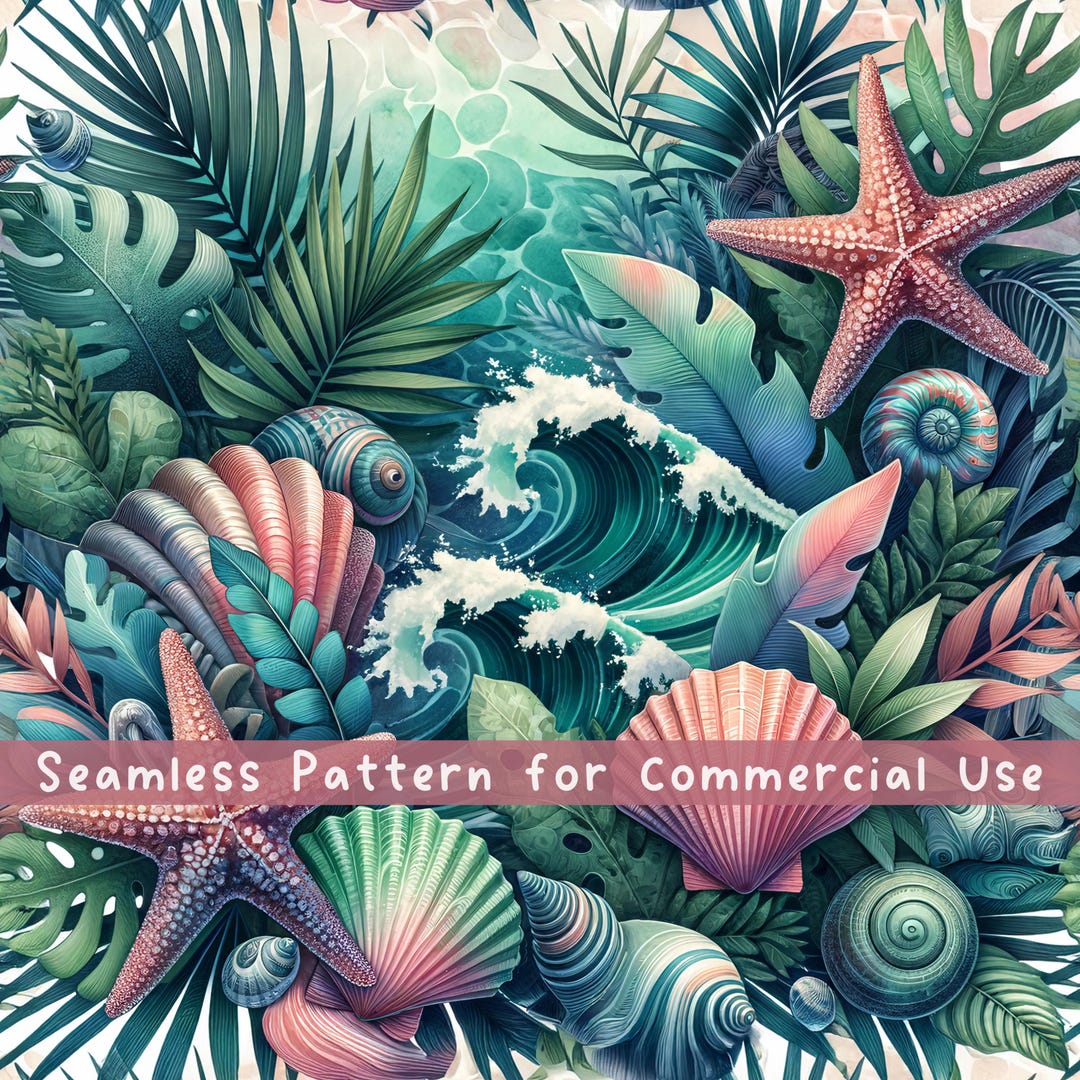Caribbean Beach Seamless Pattern Ocean Sublimation Design, Sea Shells ...