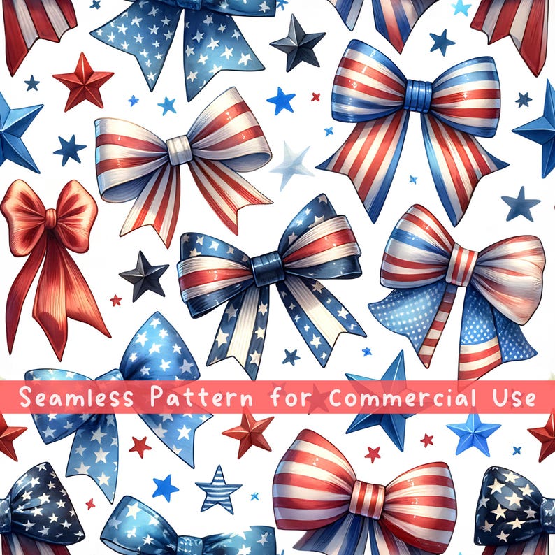 Red White & Blue Bows Seamless Pattern, Patriotic Ribbons Repeat Patten ...