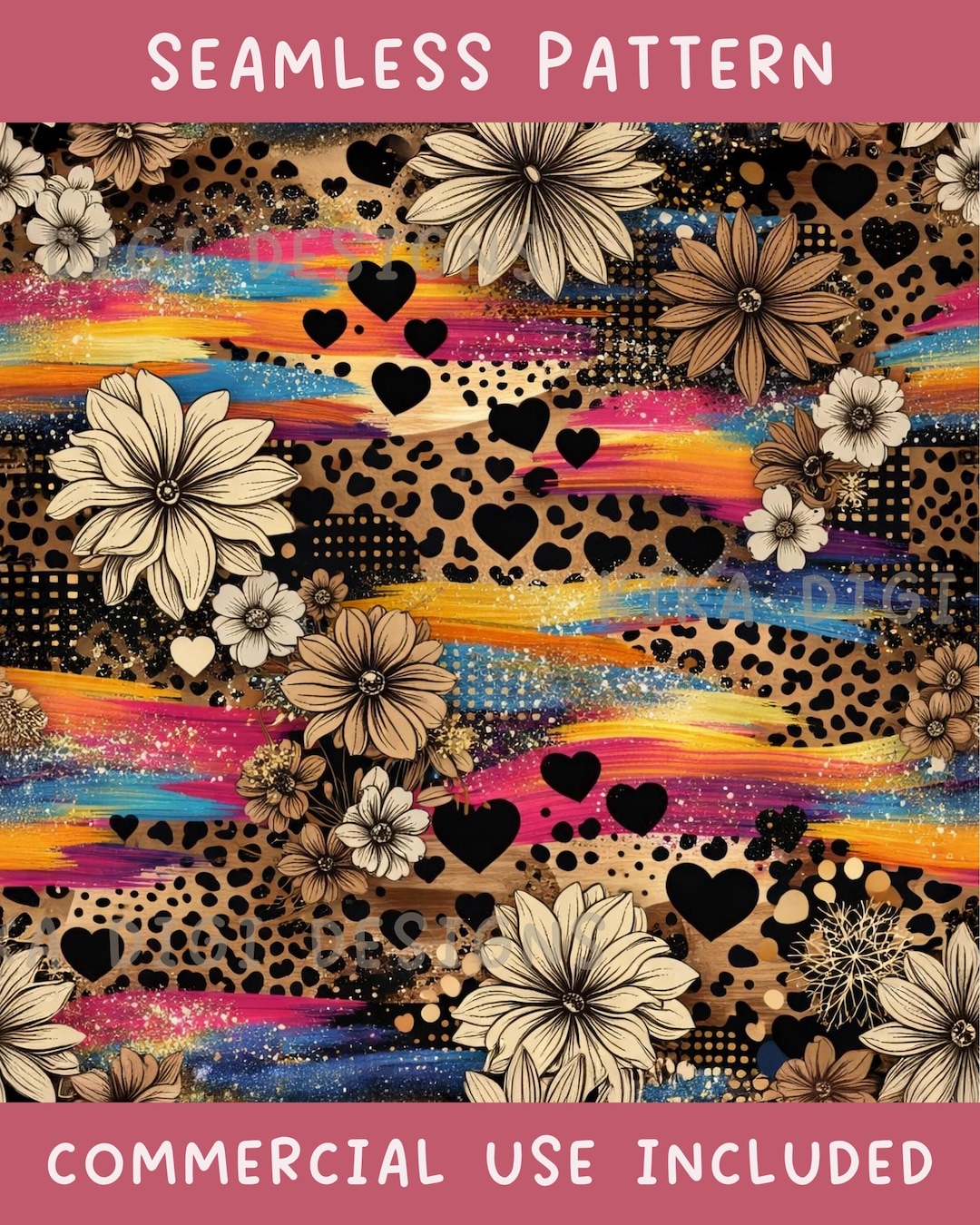 Floral Leopard Rainbow Collage Seamless Pattern Repeat Fabric Pattern ...