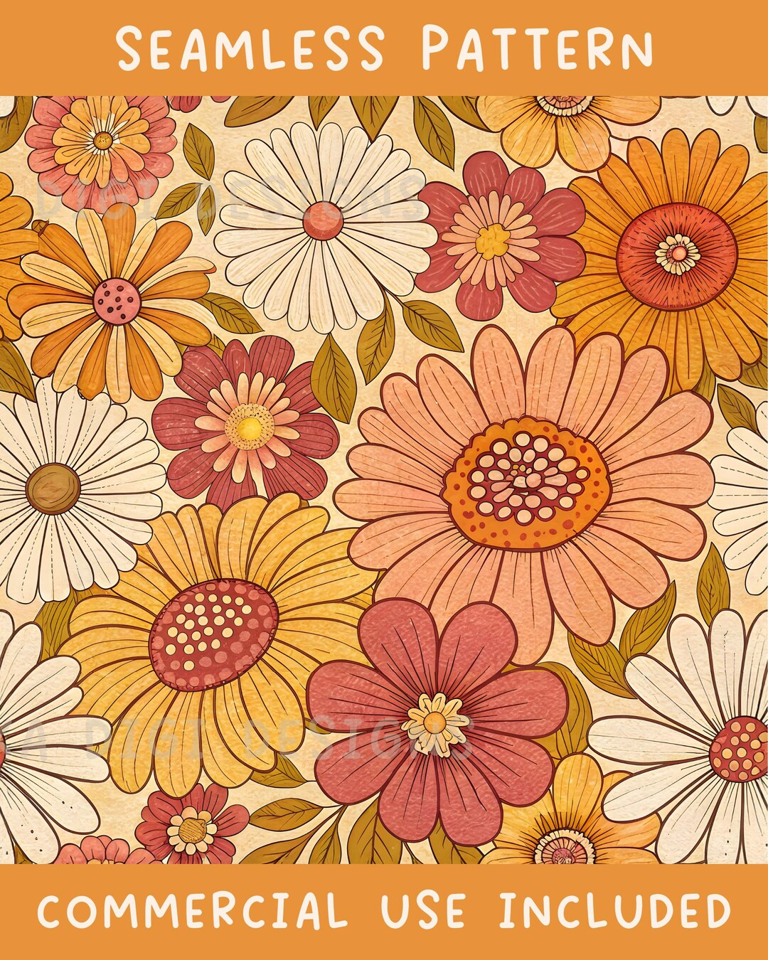 Retro Daisy Flowers Seamless Pattern Repeat Fabric Pattern Digital ...
