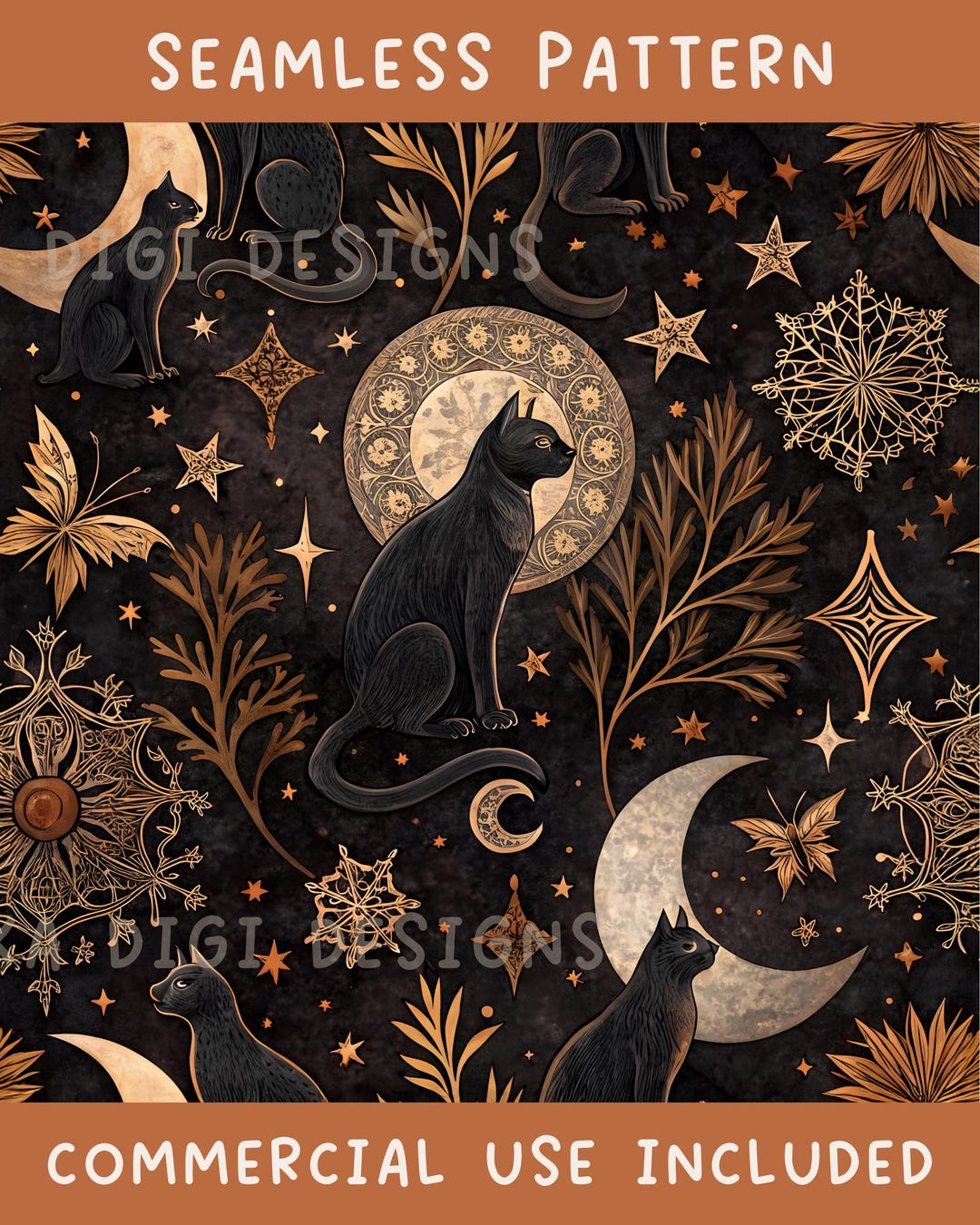 Whimsical Black Cat Seamless Pattern Repeat Fabric Pattern Digital ...