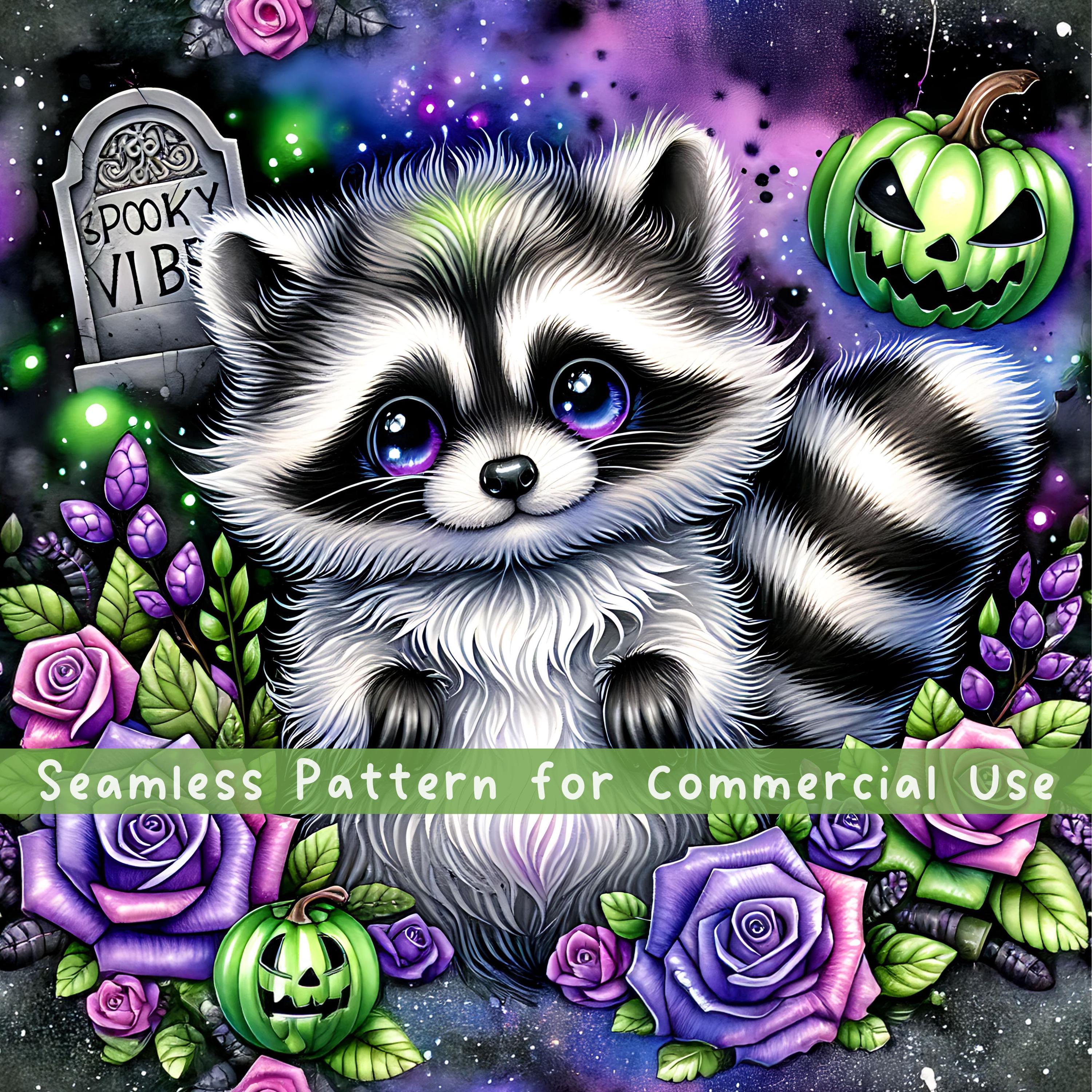 Cute Ghoul Halloween Raccoon Seamless Pattern Sublimation Design ...