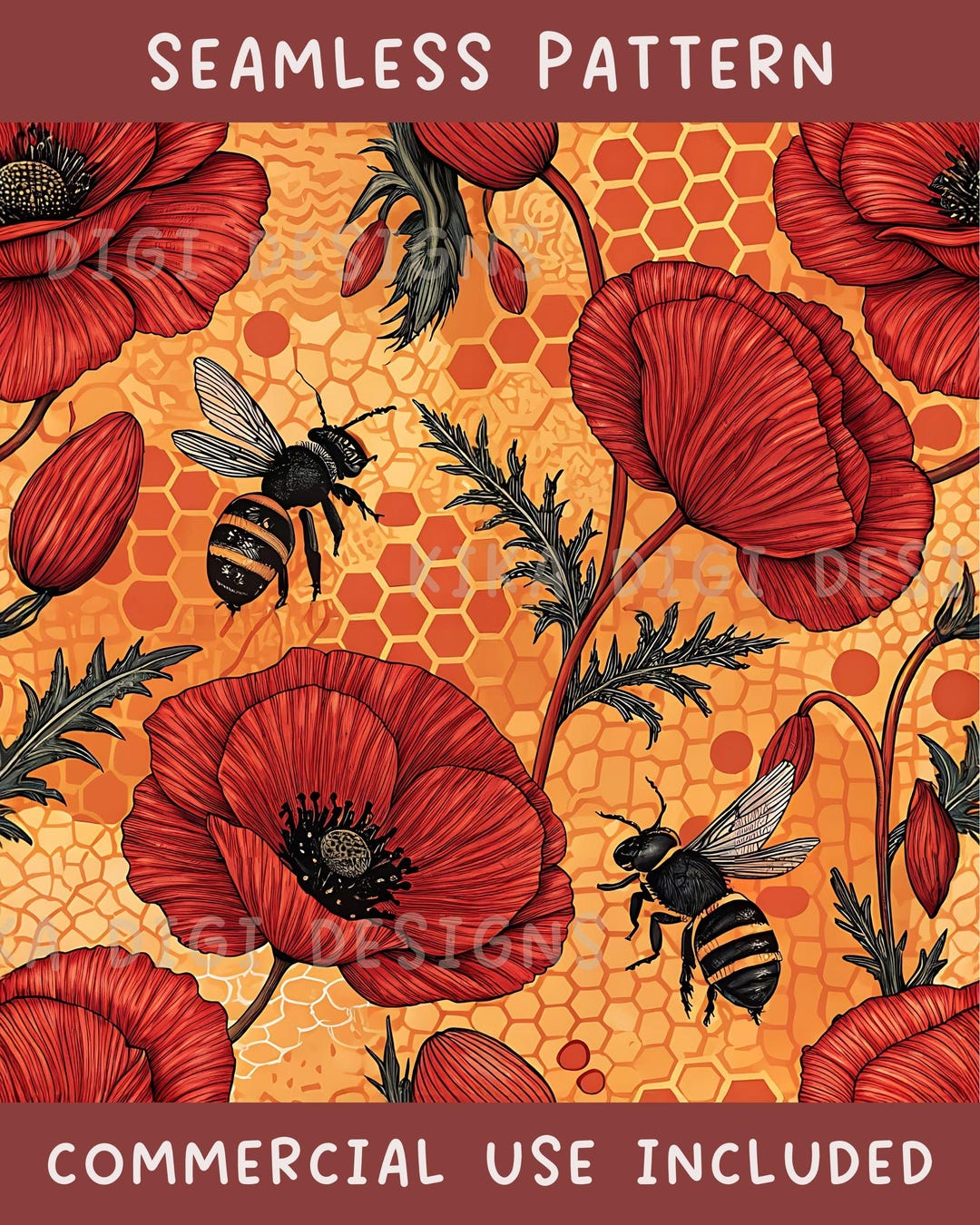 Honeybee Floral Seamless Pattern Repeat Fabric Pattern Digital Paper ...