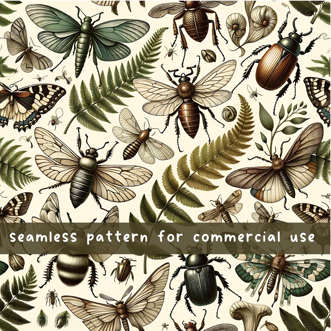 Botanical Moth Seamless Pattern, Beetles, Butterflies, Vintage Digital ...