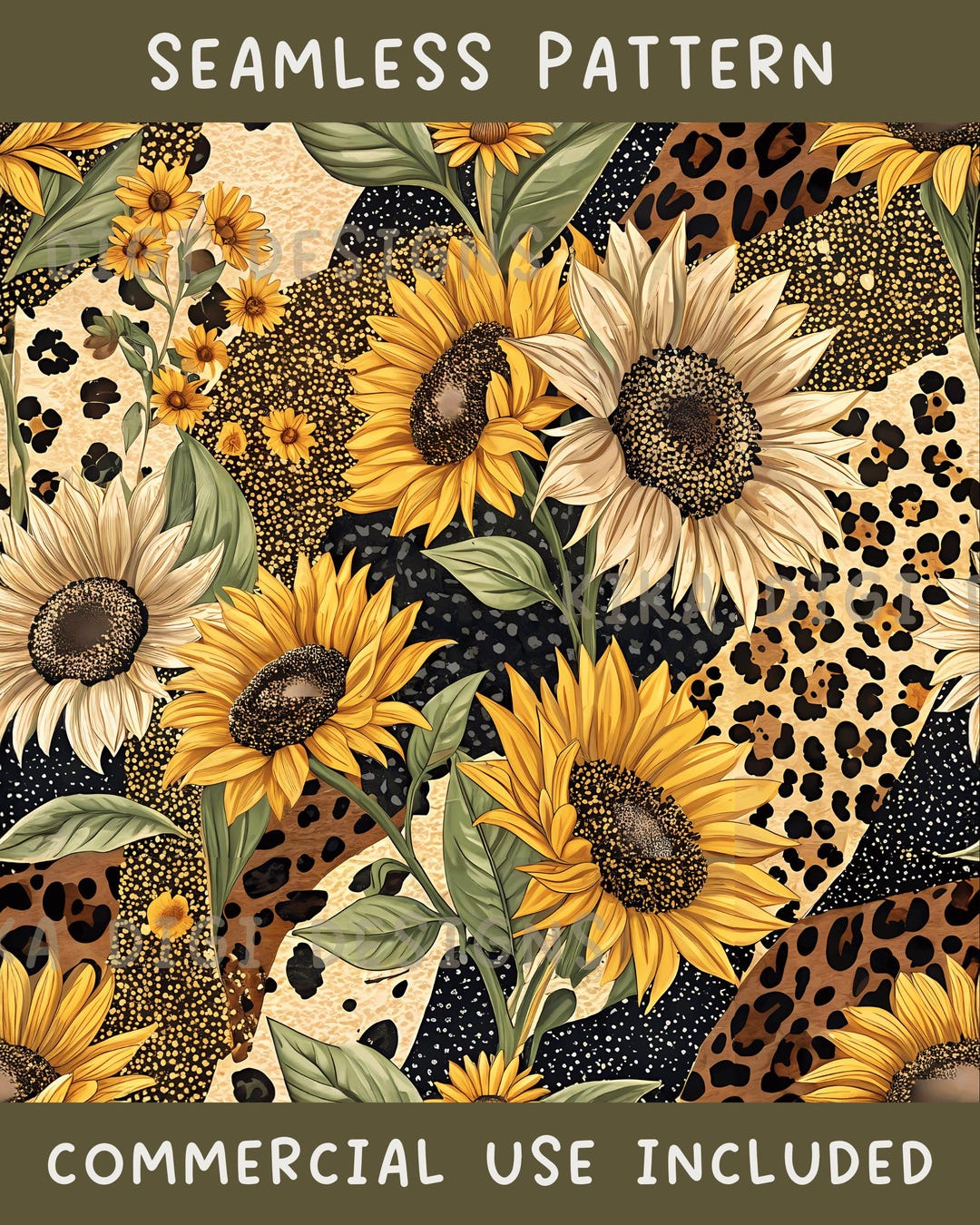Sunflower Leopard Print Seamless Pattern Repeat Fabric Pattern Digital ...