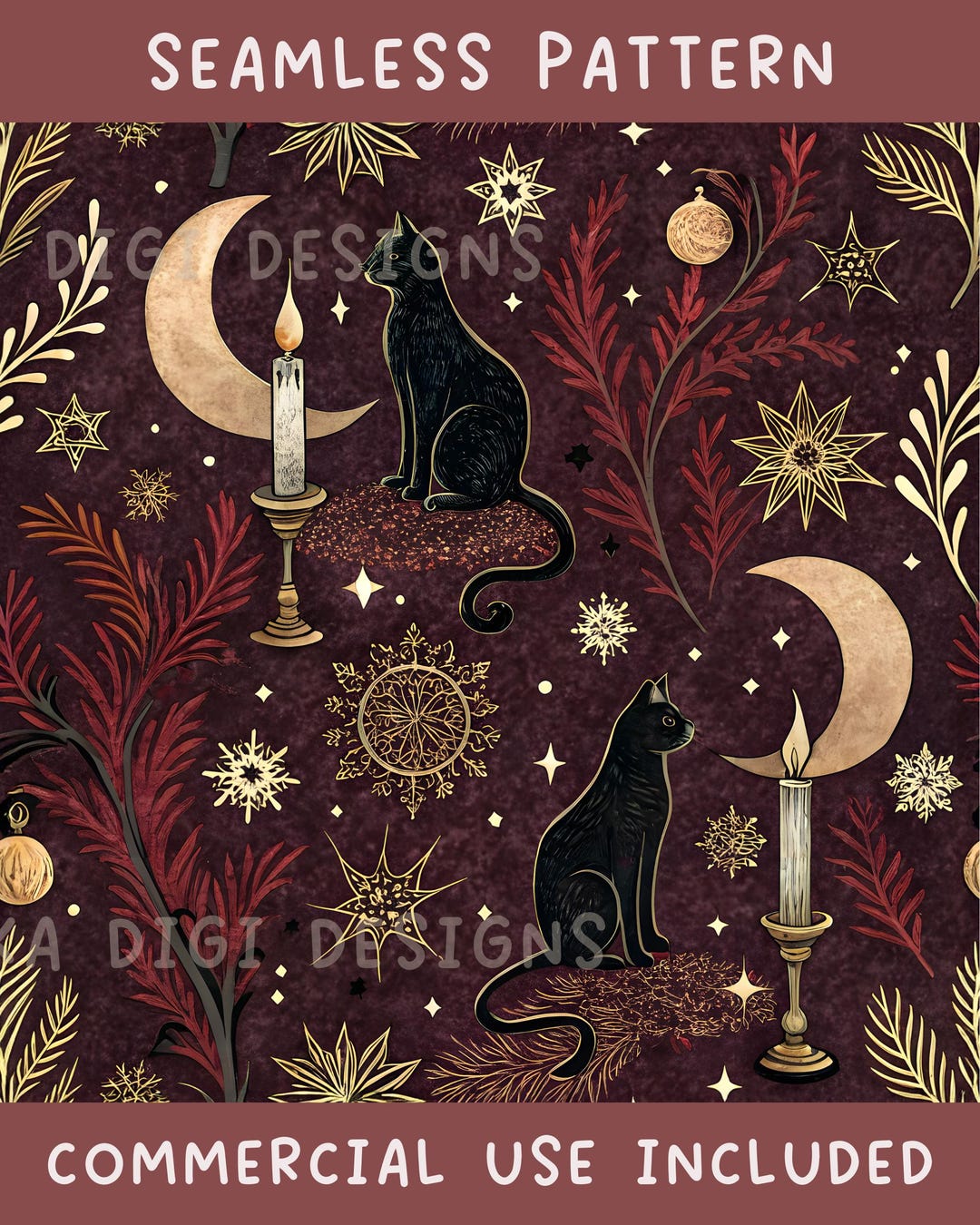 Mystical Black Cat Seamless Pattern Repeat Fabric Pattern Digital Paper ...