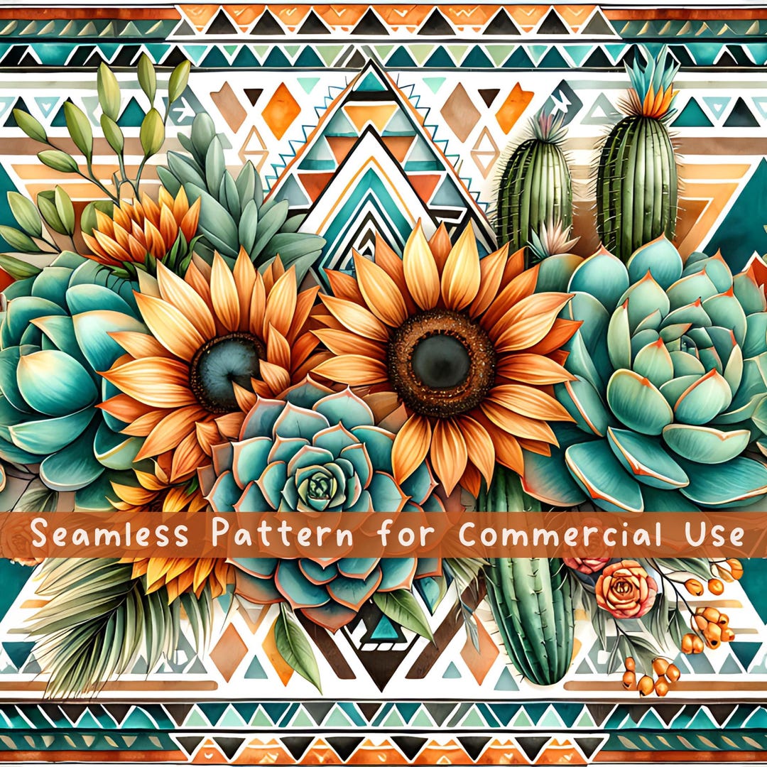 Western Seamless Pattern, Boho Sunflowers Desert Aztec Digital Pattern ...