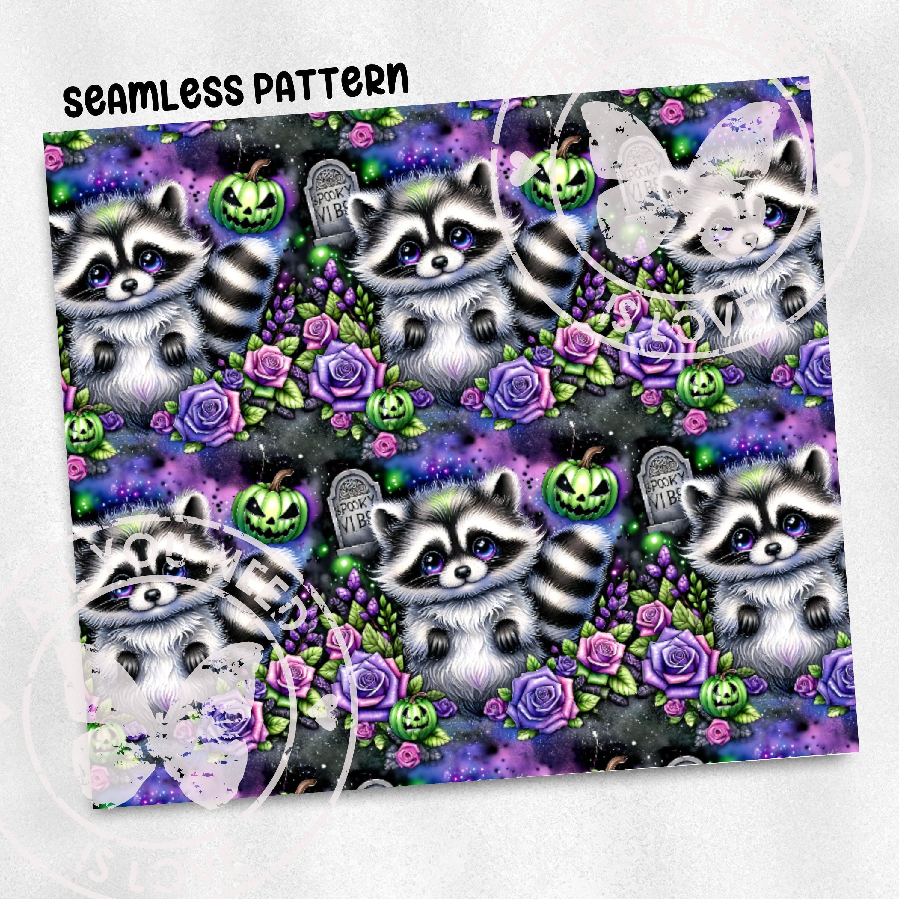 Cute Ghoul Halloween Raccoon Seamless Pattern Sublimation Design ...