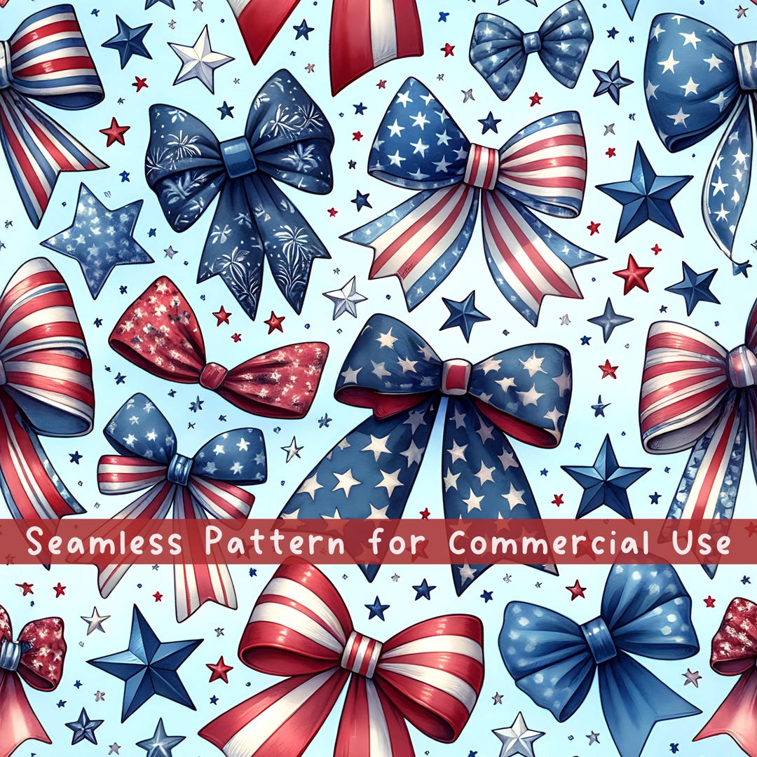 Red White & Blue Bows Seamless Pattern, Patriotic Ribbons Repeat Patten ...