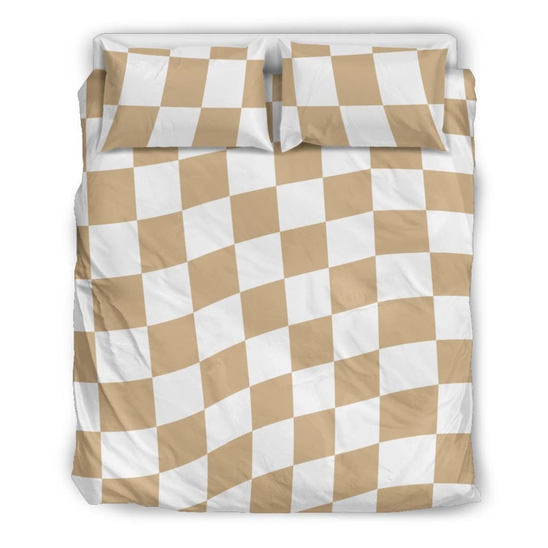 Tan Checkered Duvet Cover, Retro Duvet Cover, Checkered Decor, Duvet ...