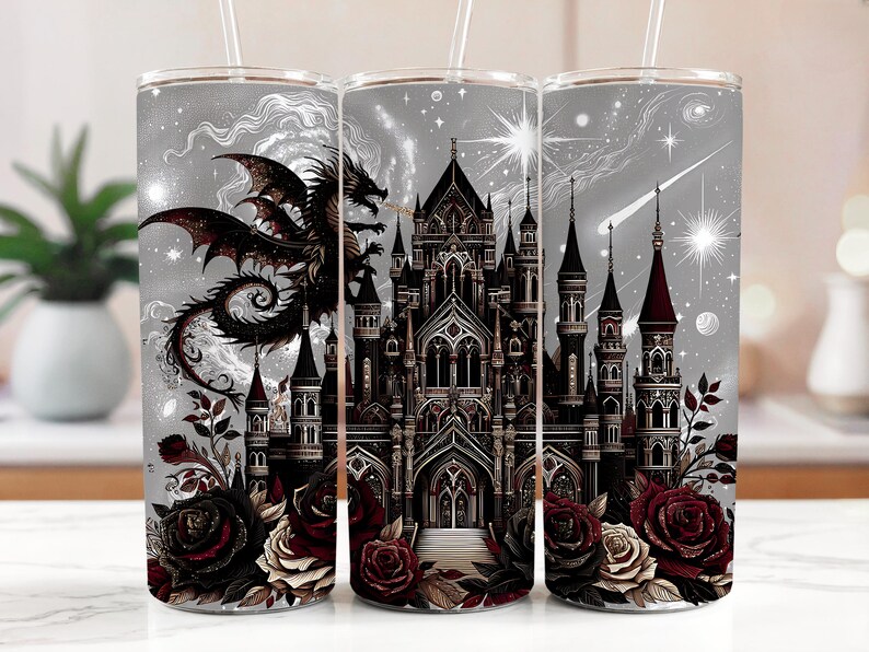 Dragon Tumbler Wrap, Medieval Castle Fire Dragon 20 Oz Sublimation ...