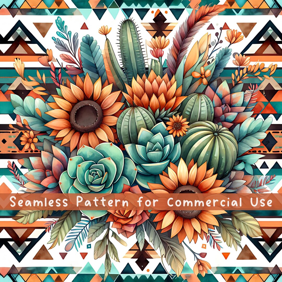 Western Seamless Pattern, Boho Sunflowers Desert Aztec Digital Pattern ...