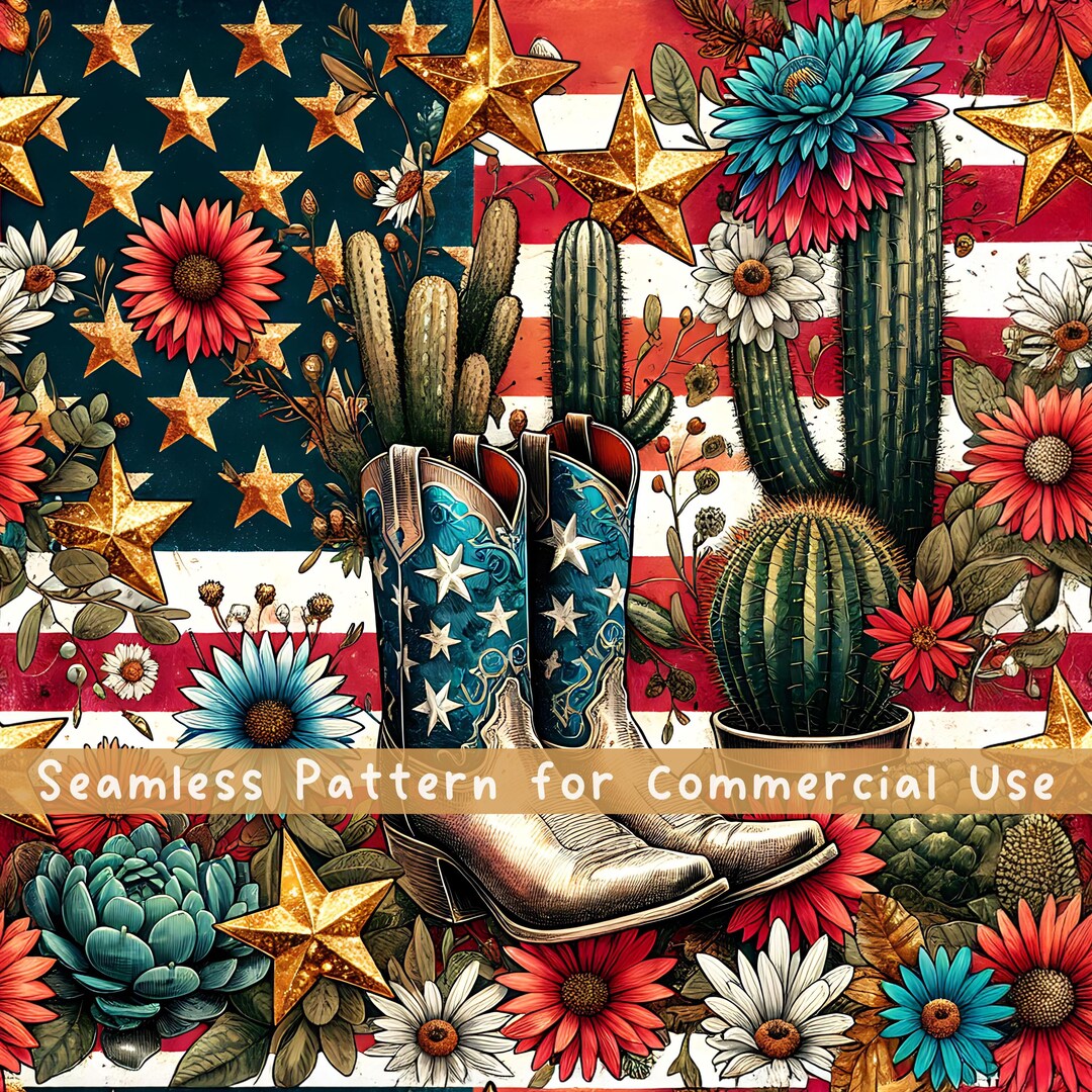 Red White & Blue Sunflowers Seamless Pattern, Patriotic Flag Repeat ...