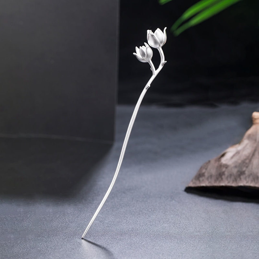Silver Plated Magnolia Flower Hair Stick, Simple Retro Style Hair Pin ...