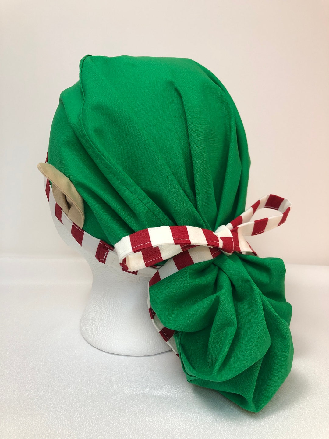 Green Elf Scrub Cap With Ears. Candy Cane Trim. Christmas Holiday ...