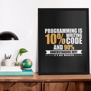 Programming is 10% Writing Code Poster, Programmer Wall Art, Canvas Wooden Black White Frame ...