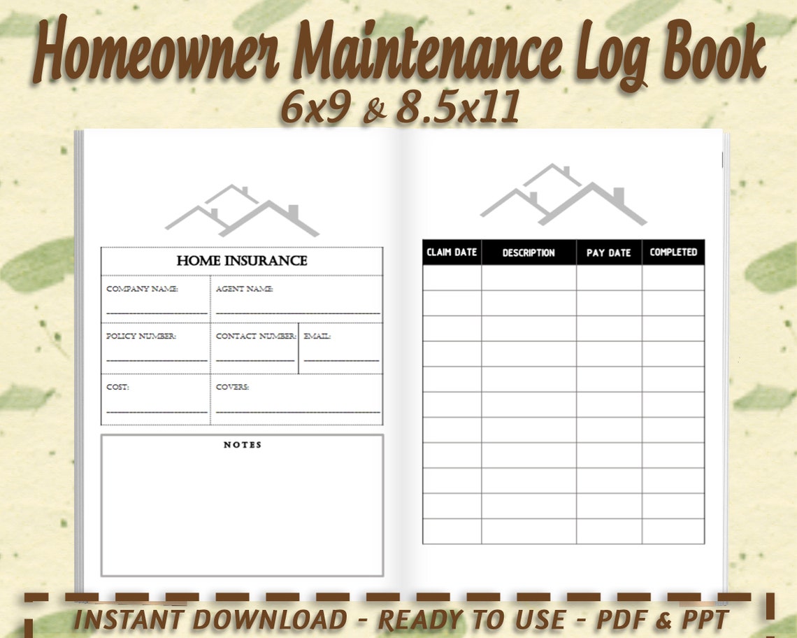 Homeowner Maintenance Logbook 150 Pages 6 X 9 & 8.5 X 11 Trim Size ...