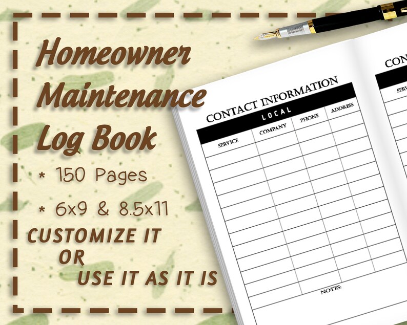 Homeowner Maintenance Logbook 150 Pages| 6" X 9" & 8.5" X 11" Trim Size ...