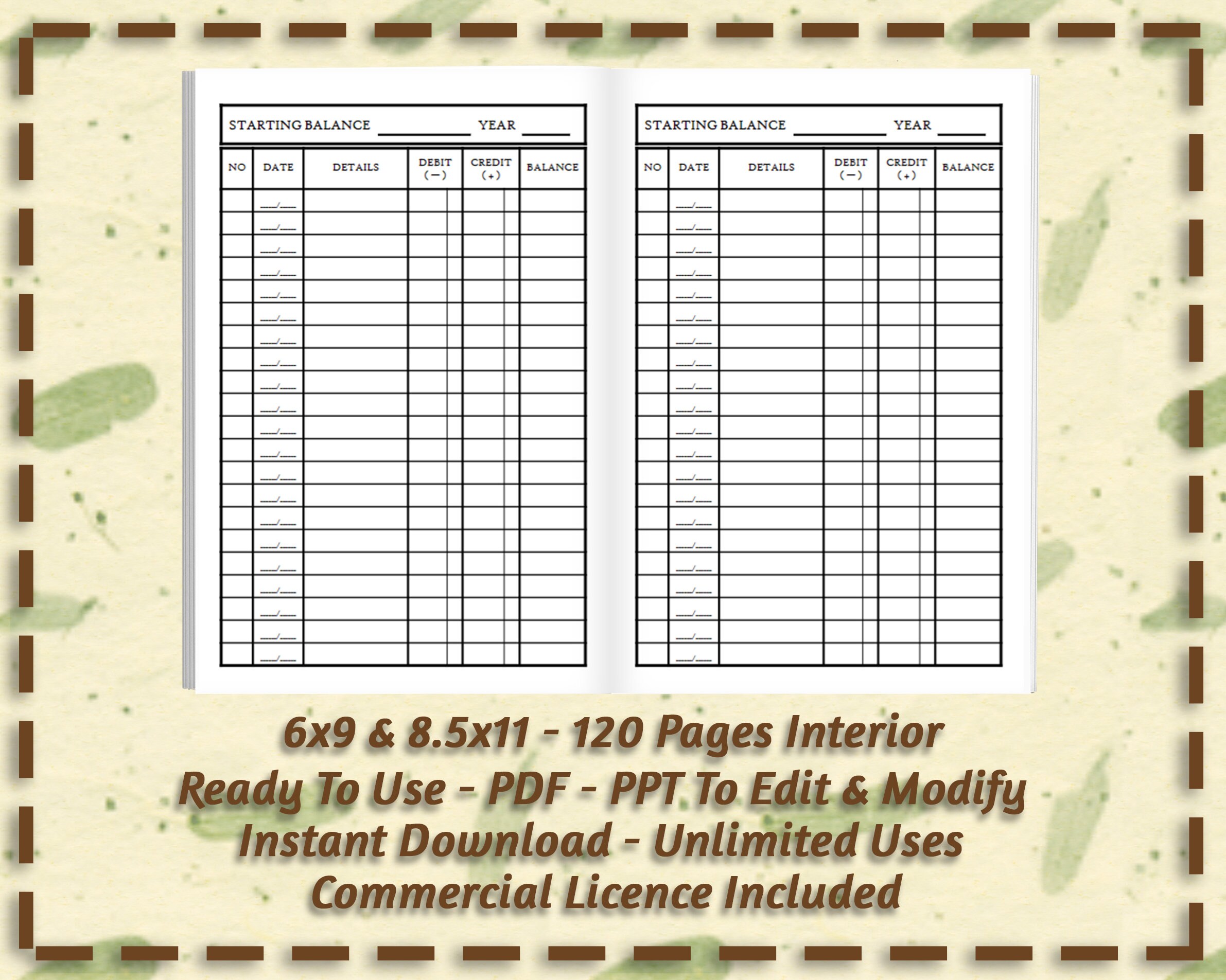 Transaction Balance Book Interior | 6x9 & 8.5x11 Editable PPT PDF - Etsy