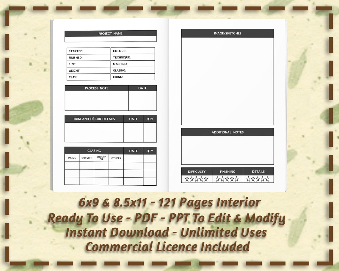 Pottery Logbook Interior 121 Pages No Bleed | 6" X 9" & 8.5" X 11" Trim ...