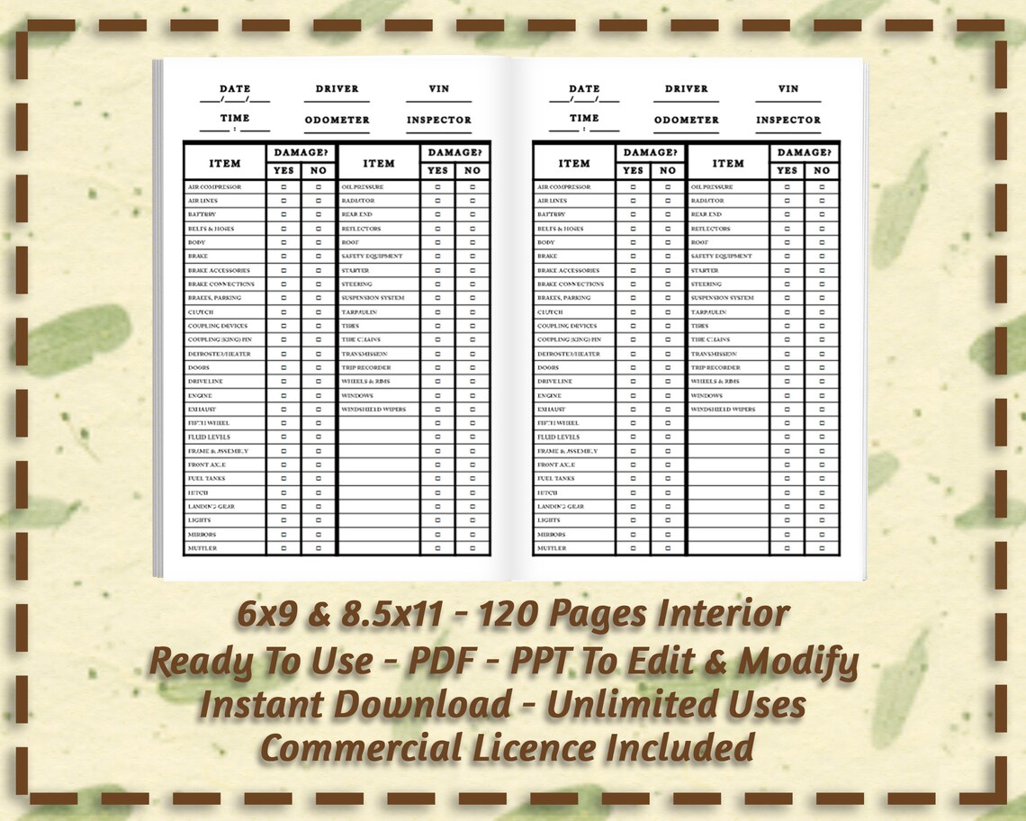 Vehicle Inspection Checklist Interior 120 Pages | 6" X 9" & 8.5" X 11 ...