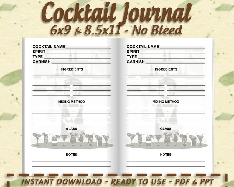 Cocktail Journal Interior 121 Pages NO BLEED | 6" X 9" & 8.5" X 11 ...
