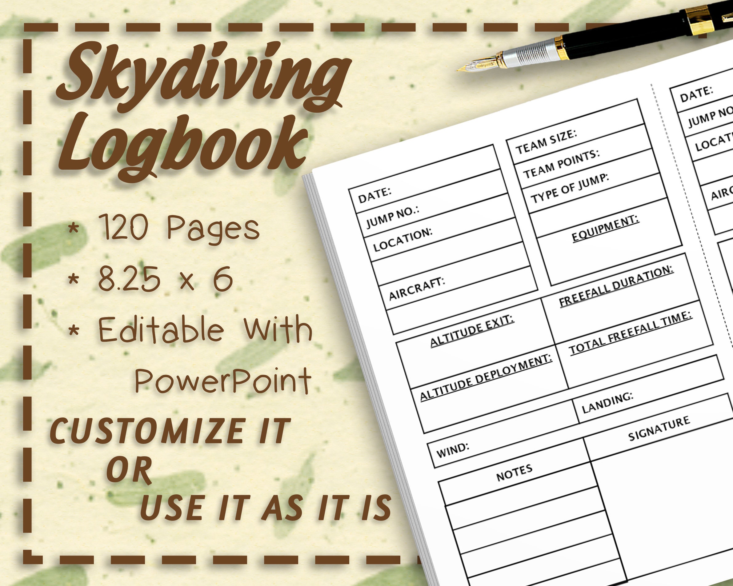 Skydiving Logbook Interior 120 Pages No Bleed | 8.25" X 6" Trim Size ...