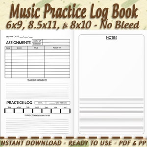 Music Practice Log Book Interior 105 Pages| 6" X 9", 8" X 10" & 8.5" X ...
