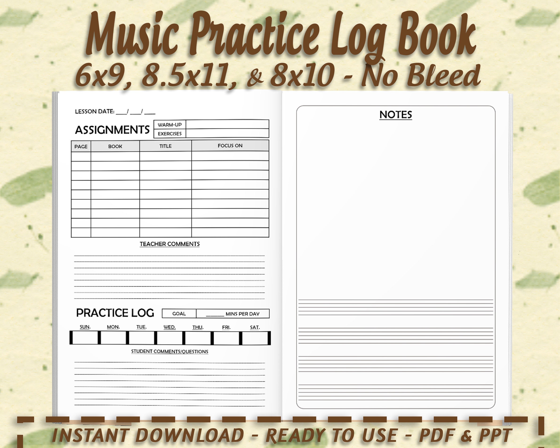 Music Practice Log Book Interior 105 Pages| 6" X 9", 8" X 10" & 8.5" X ...