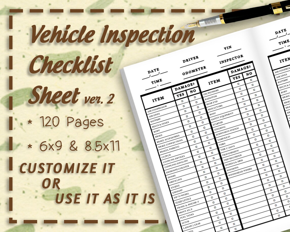 Vehicle Inspection Checklist Interior 120 Pages | 6" X 9" & 8.5" X 11 ...