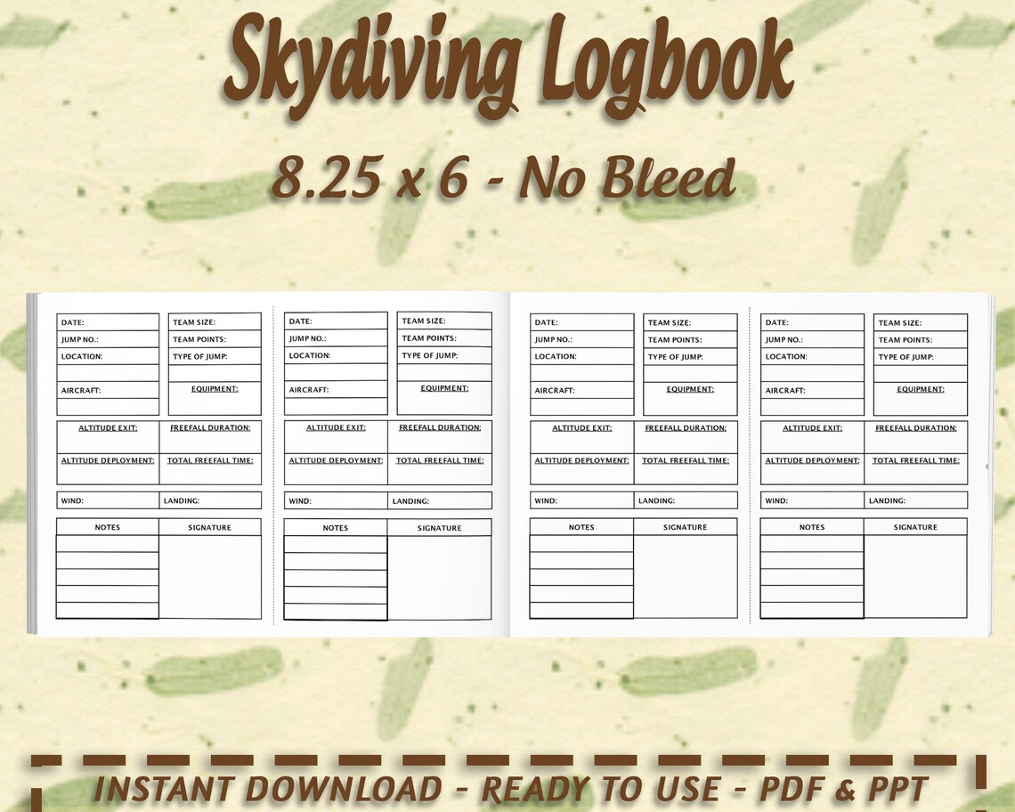 Skydiving Logbook Interior 120 Pages No Bleed | 8.25" X 6" Trim Size ...