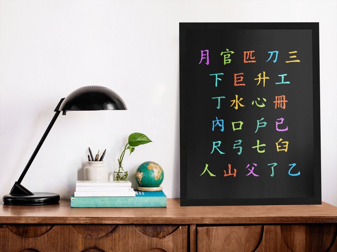Chinese Alphabet Poster, Chinese Hanzi Wall Art, Canvas Wooden Black ...