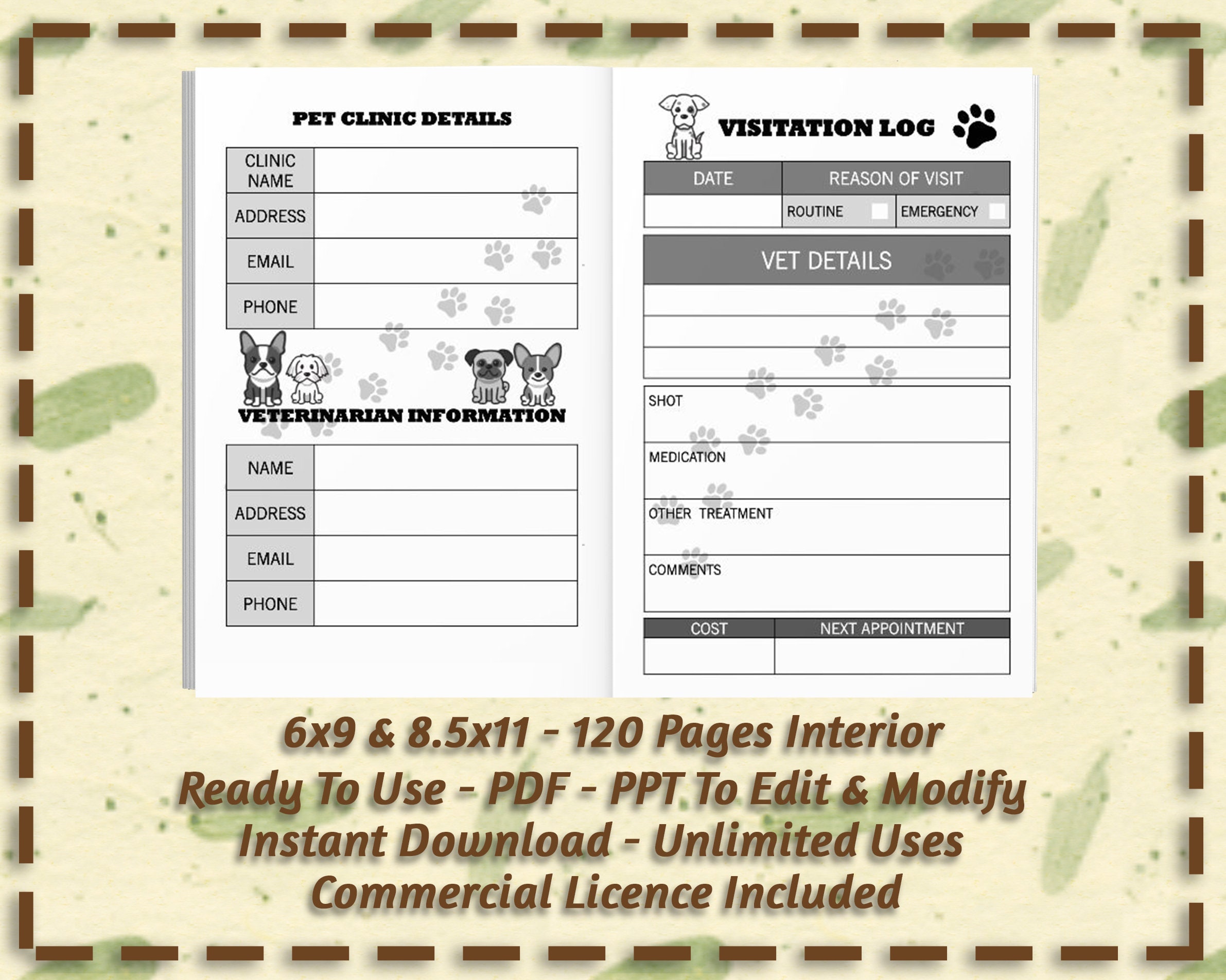 Dog Vaccination Record 120 Pages No Bleed 6 X 9 & 8.5 X 11 Trim Size ...