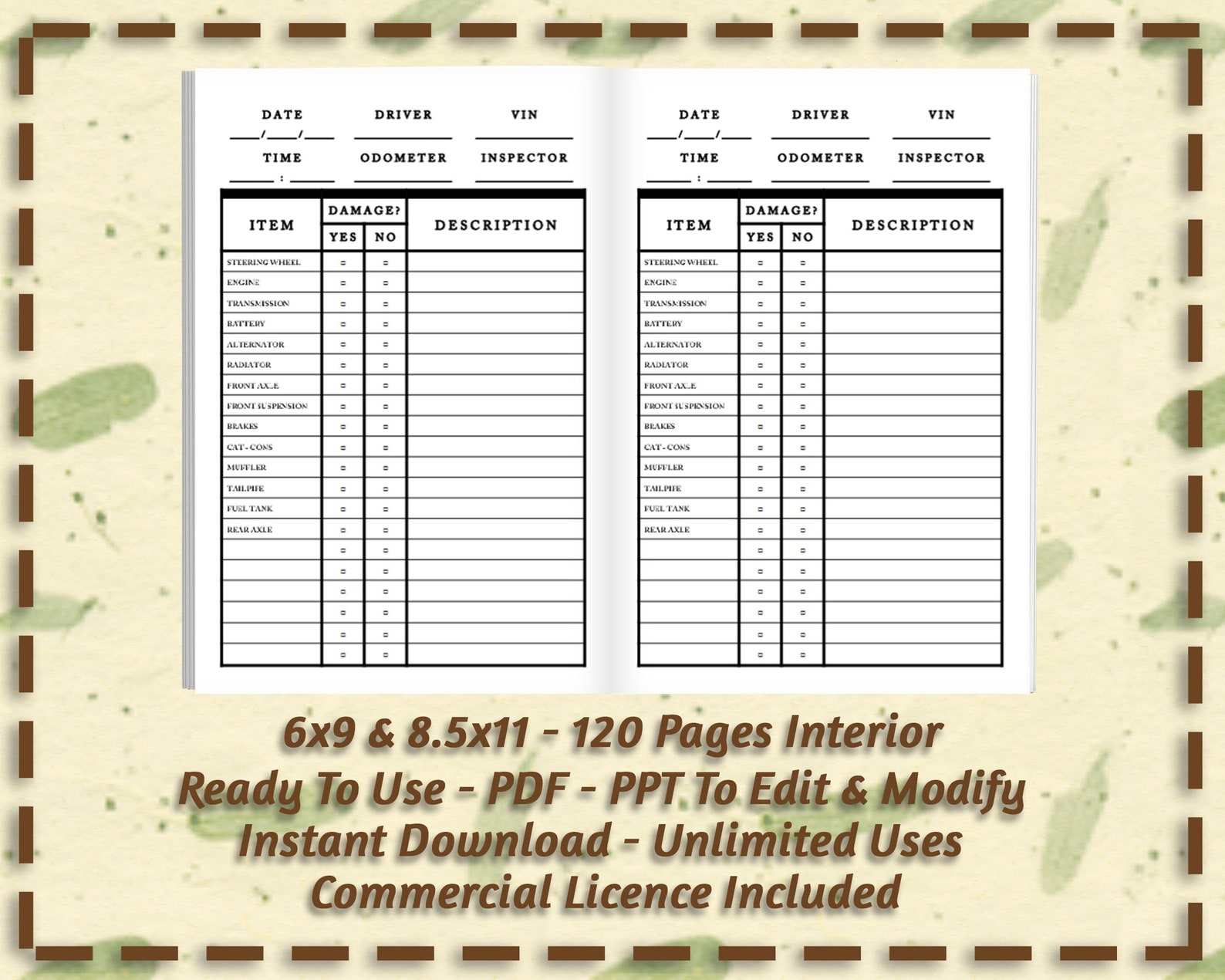 Vehicle Inspection Checklist Interior 120 Pages | 6" X 9" & 8.5" X 11 ...