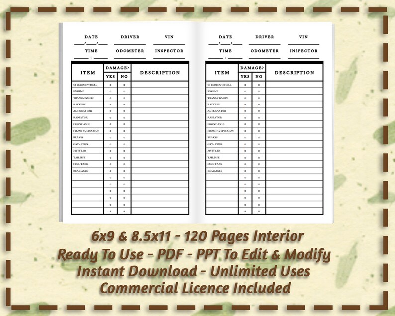 Vehicle Inspection Checklist Interior 120 Pages | 6" X 9" & 8.5" X 11 ...