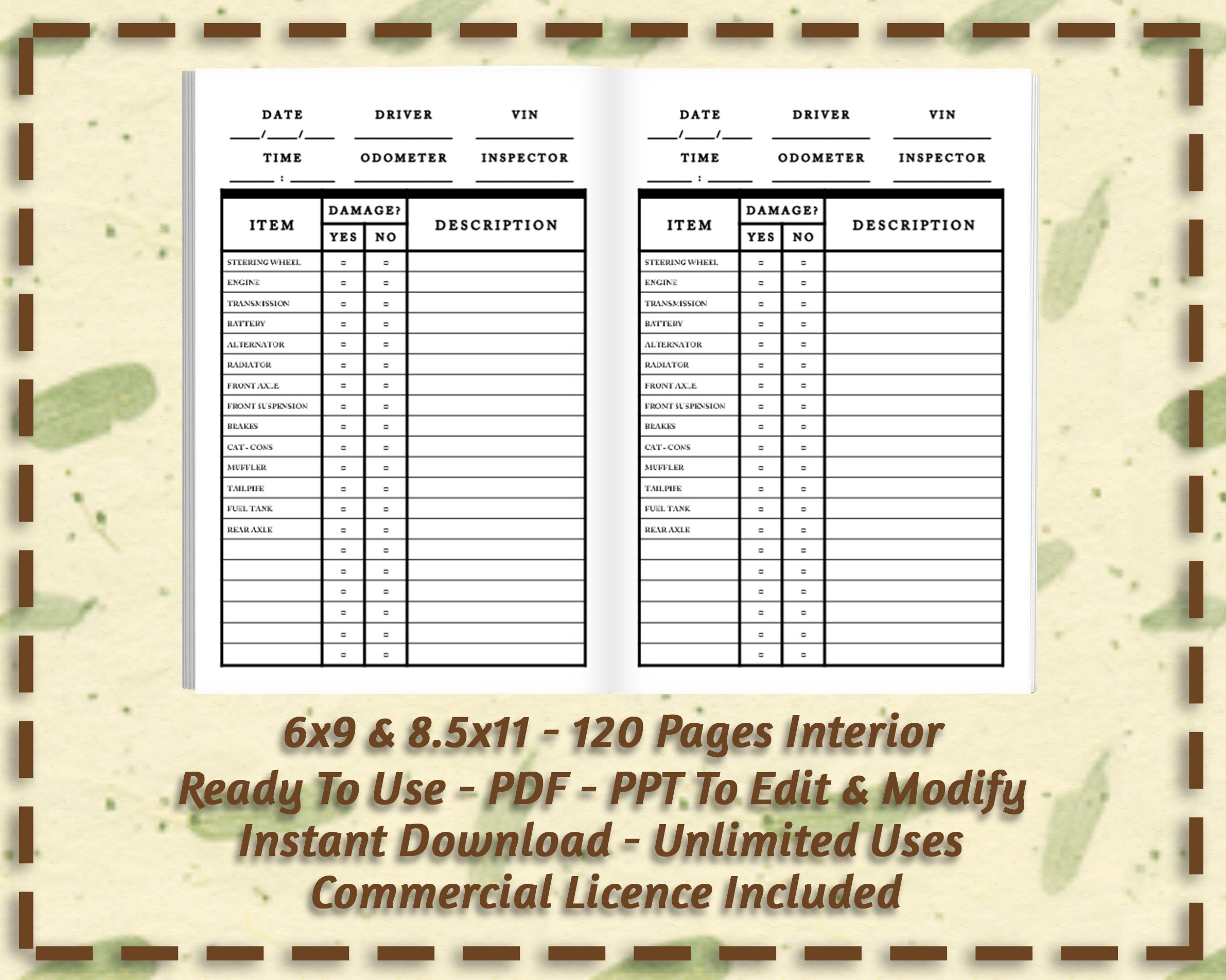 Vehicle Inspection Checklist Interior 120 Pages | 6" X 9" & 8.5" X 11 ...