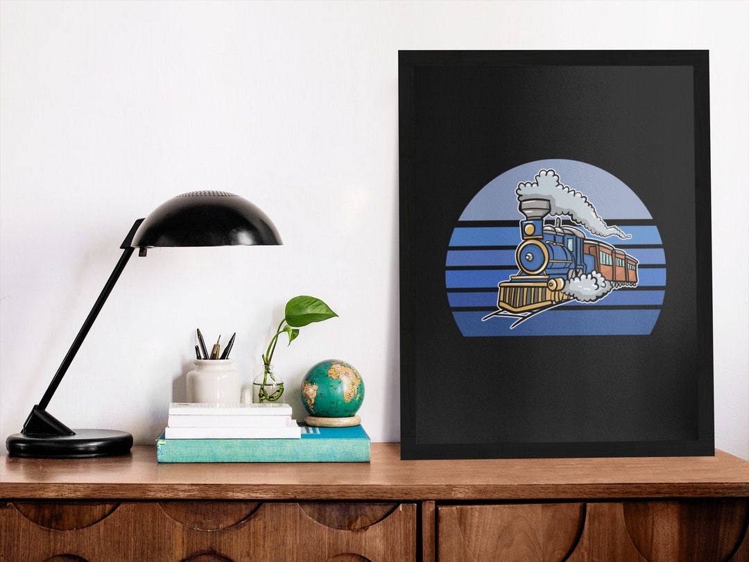 Train Blue Retro Poster, Train Wall Art, Canvas Wooden Black White ...