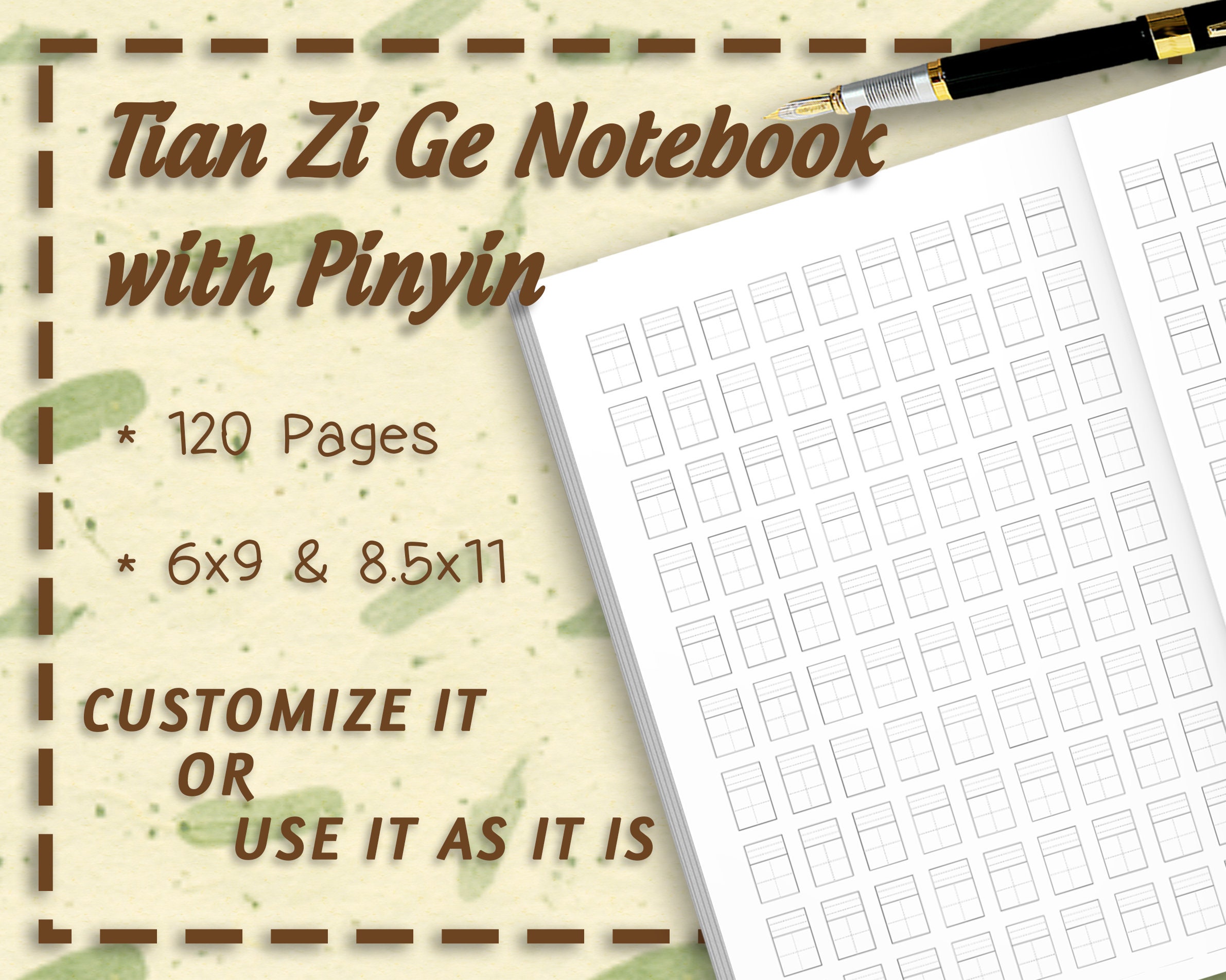 Tian Zi Ge Notebook With Pinyin Interior 120 Pages 6 X 9 & 8.5 X 11 ...