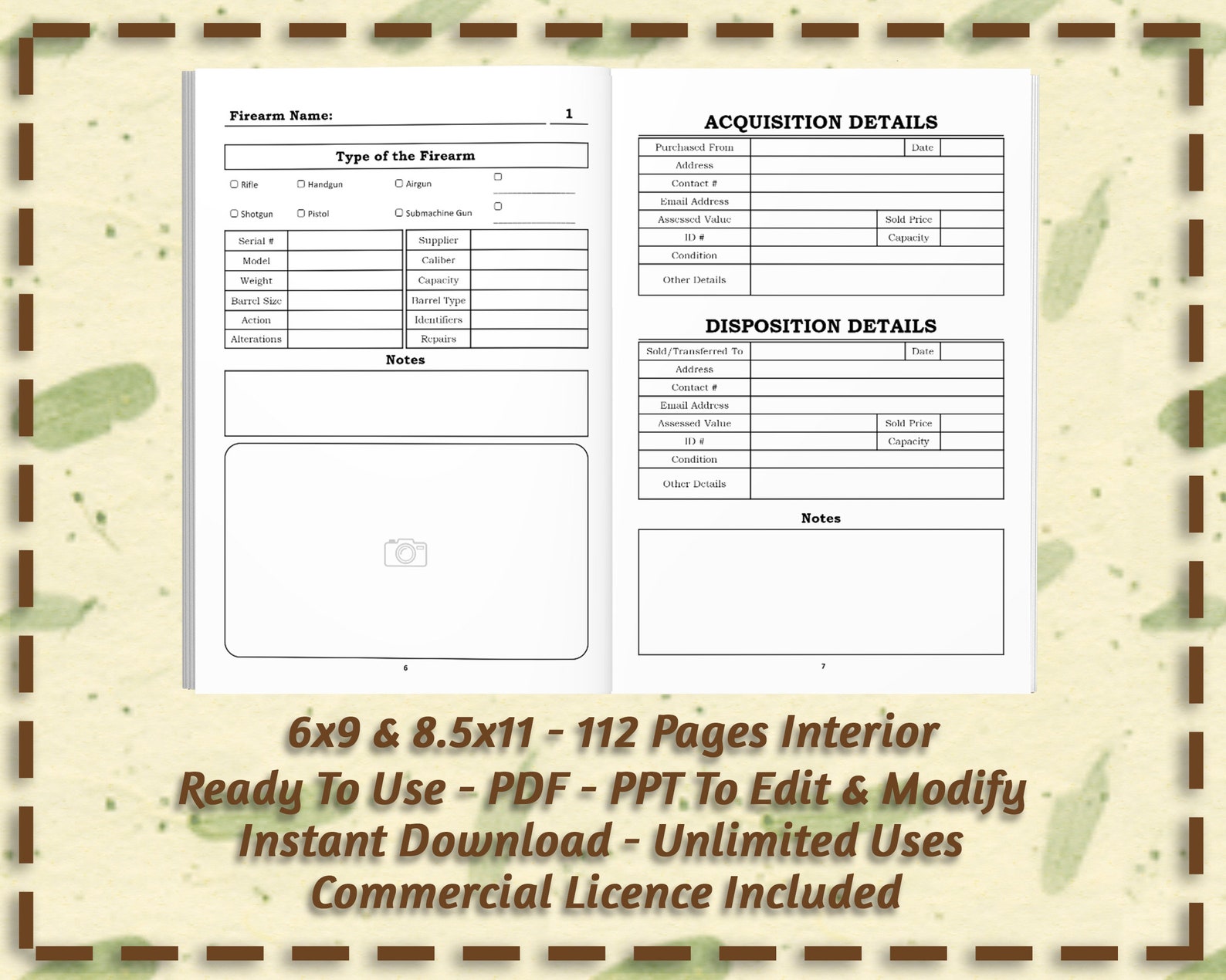 Firearms Personal Log Book 112 Pages No Bleed | 6" X 9" & 8.5" X 11 ...